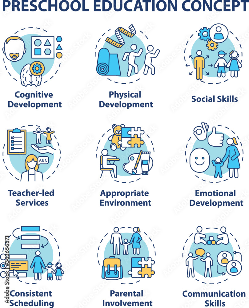 Preschool education concept icons set. Early childhood goals. Childcare ...