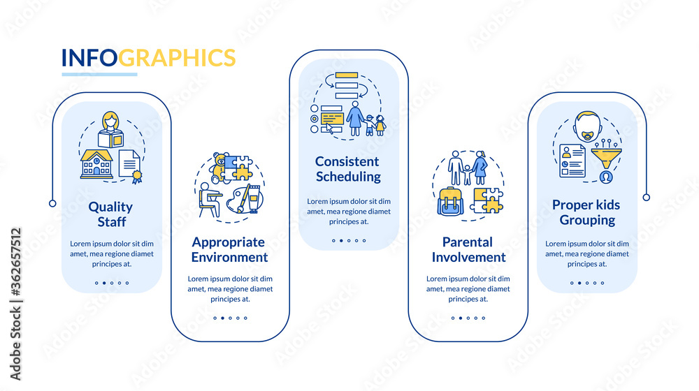 Kindergarten effectiveness components vector infographic template. Presentation design elements ...