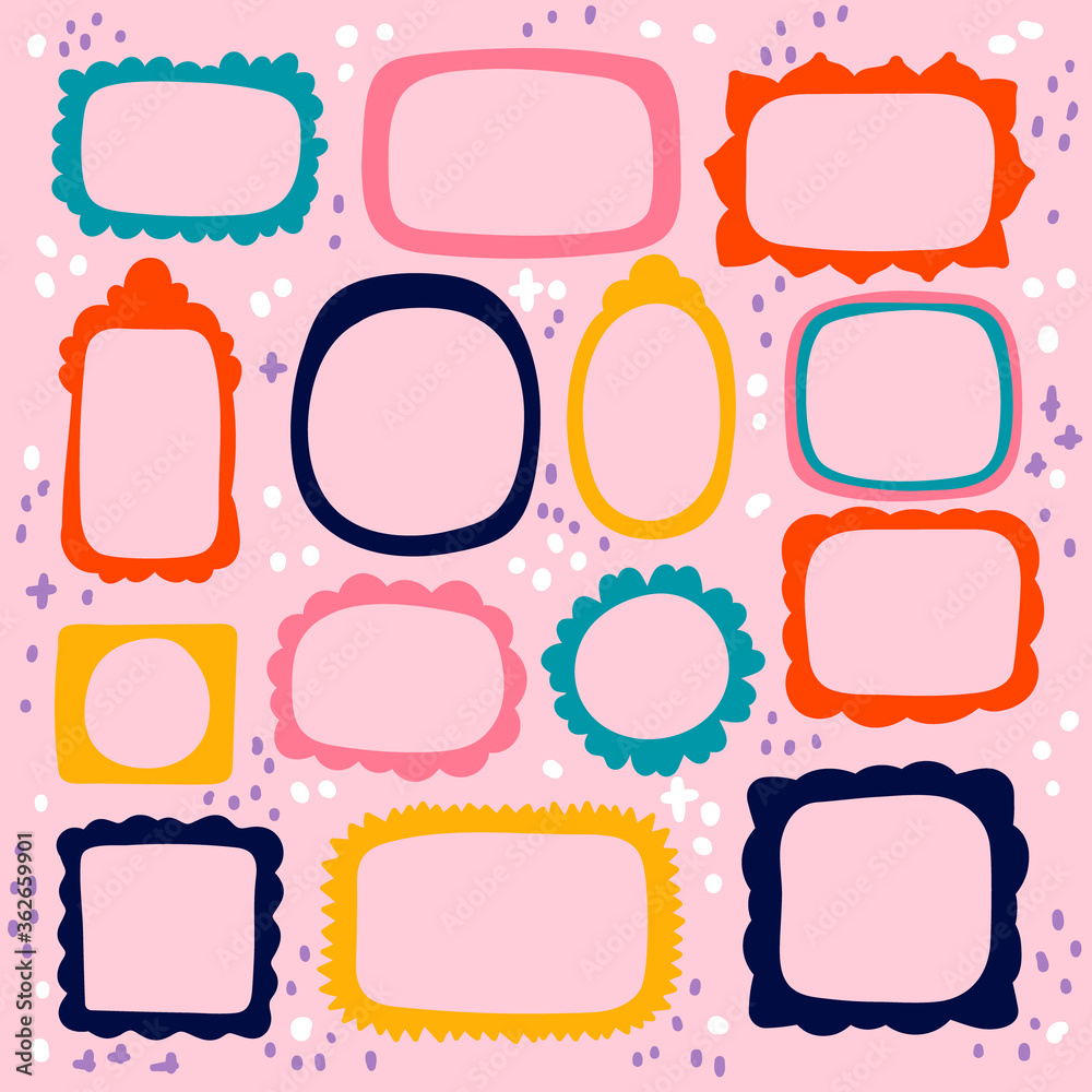 Hand drawn cute frames set. Flat cartoon style. Vector elements in modern colors isolated on ...
