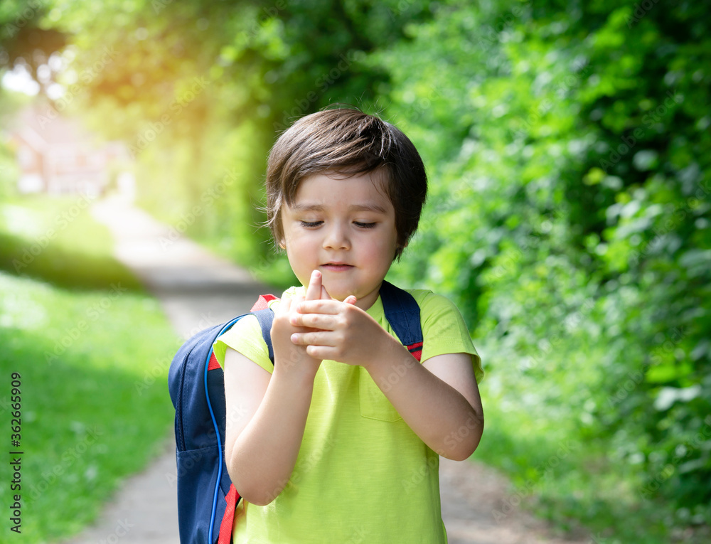 Portrait Happy Boy Counting On His Fingers 4 Year Old Count The Number