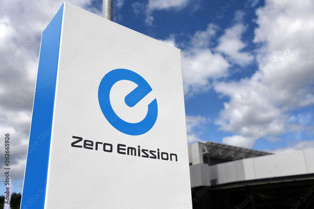 Celle, Lower Saxony / Germany - June 8, 2019: Zero emission sign on the ...