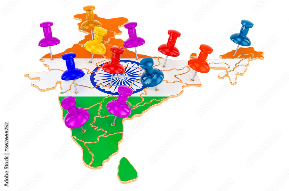 Map of India with colored push pins, 3D rendering Stock Illustration ...
