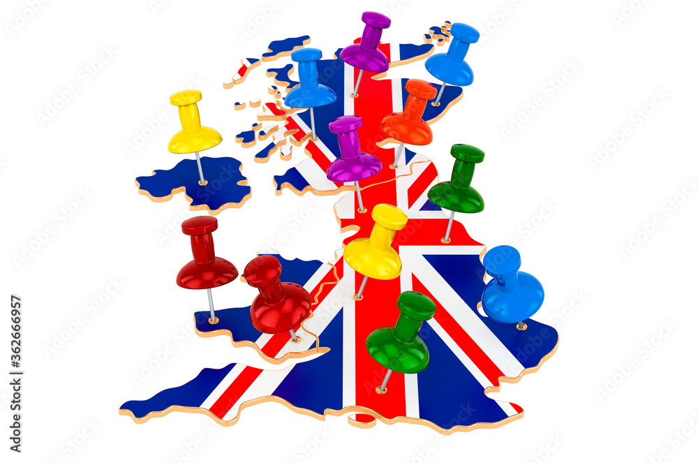 Map of the United Kingdom with colored push pins, 3D rendering Stock ...
