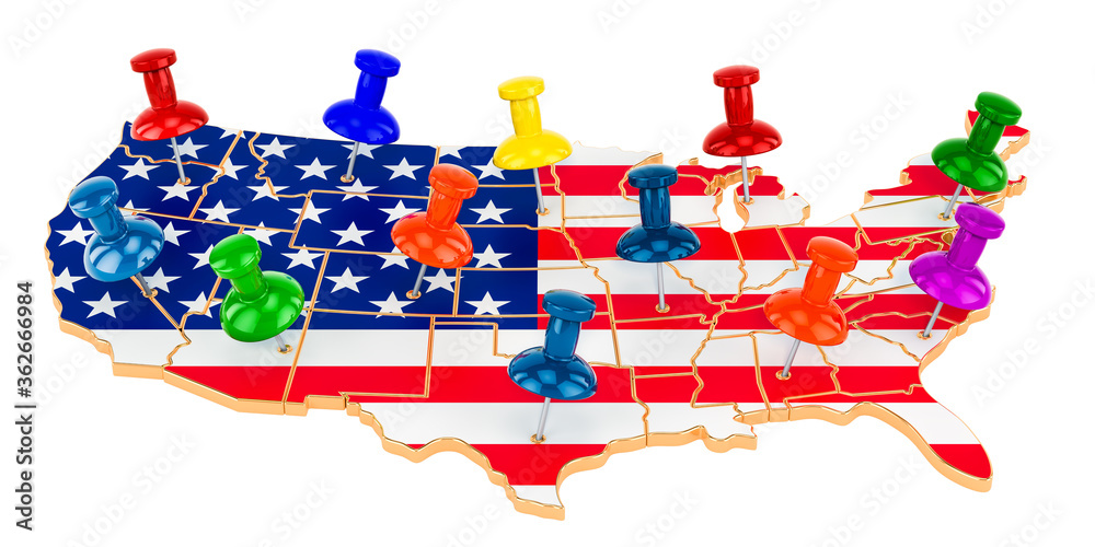 Map of the United States with colored push pins, 3D rendering Stock ...