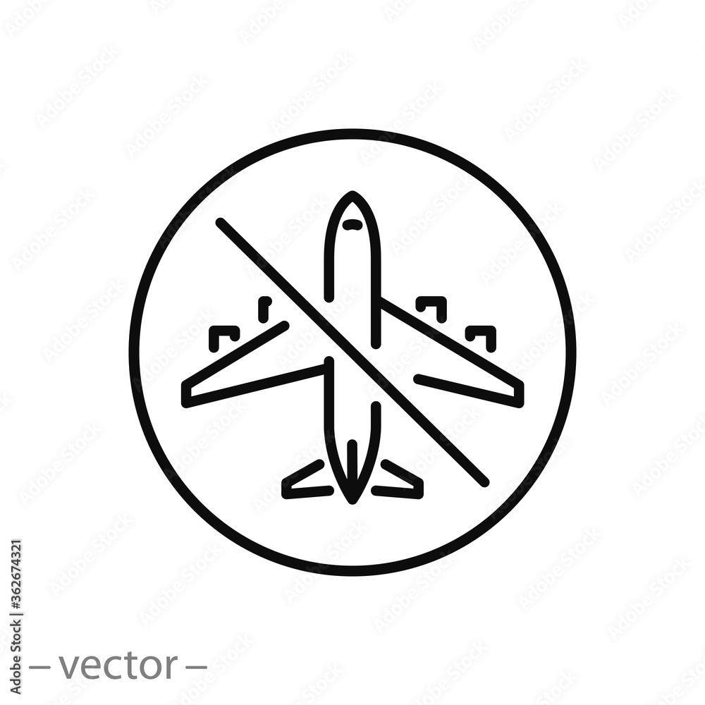 no flight icon, no fly zone, ban travel on plane, thin line web symbol ...