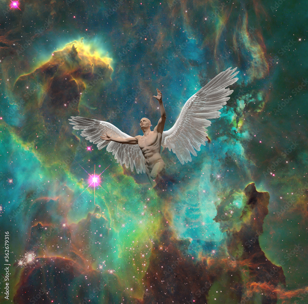 Surrealism. Man with wings symbolizes angel in space. 3D rendering ...
