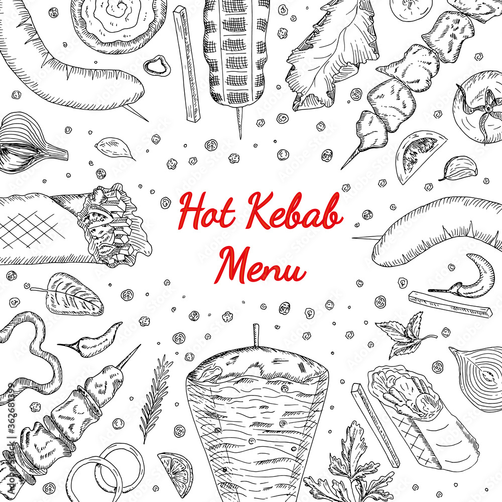Hot spicy doner kebab menu design. Shawarma and meat on skewer, grilled ...