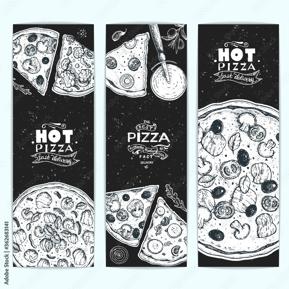 Pizza top view, vertical banner collection. Italian food menu design ...