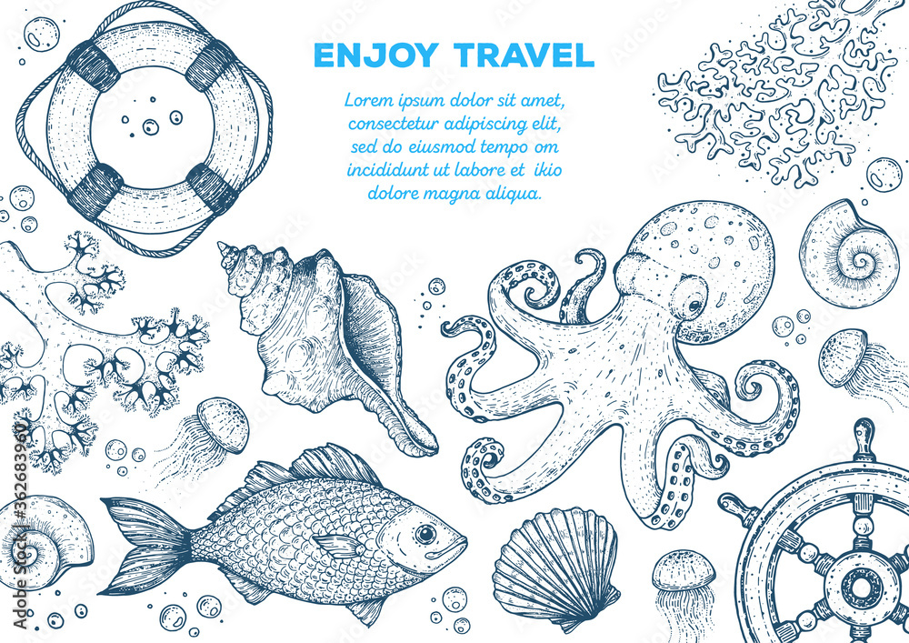 Sea animals hand drawn collection. Sketch illustration. Octopus ...
