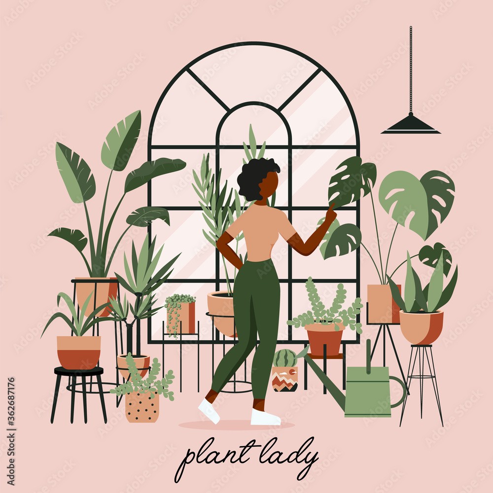 Plant lady green house. Set of cute plants in pots, cacti, tropical ...