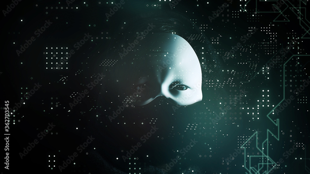 Cybersecurity, computer hacker with hoodie and obscured face, futuristic computer code overlying ...