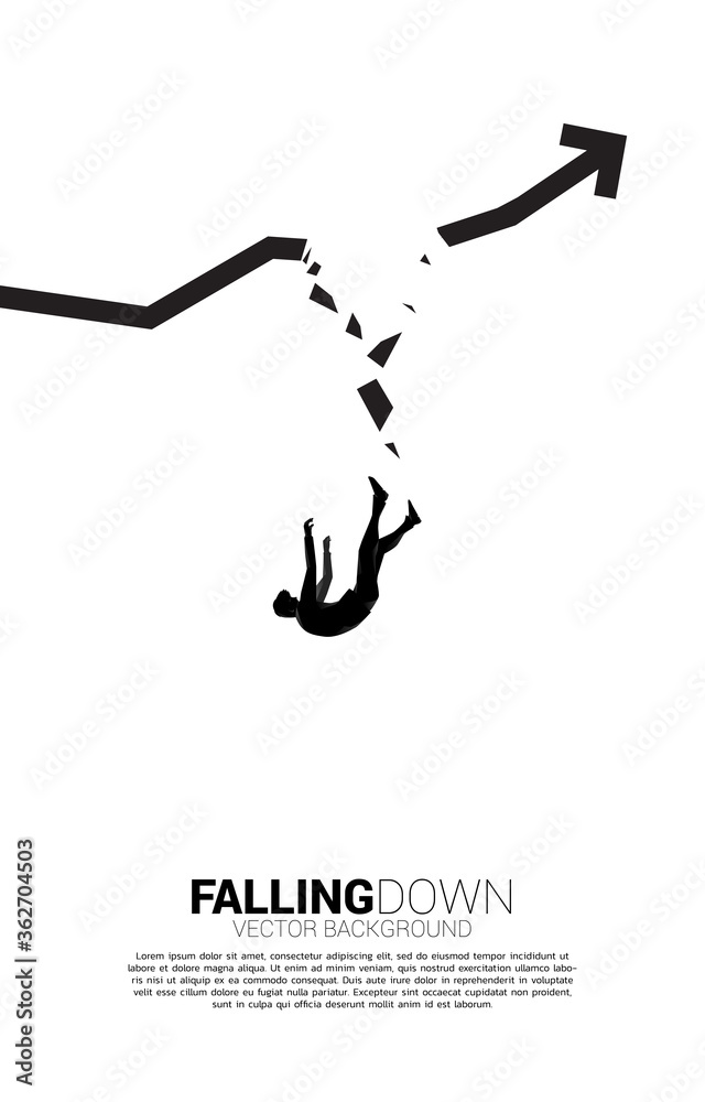 silhouette of businessman falling down from broken graph. Concept for ...