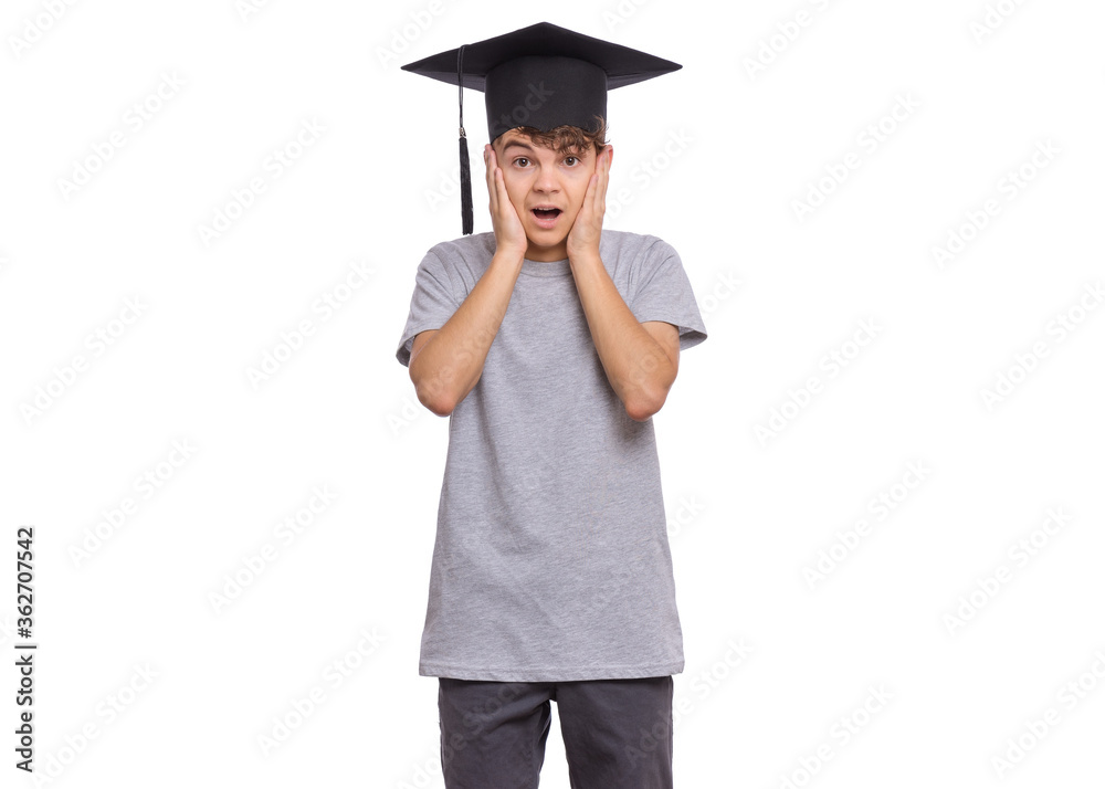Young graduate student - amazed teen boy in bachelor hat, isolated on ...
