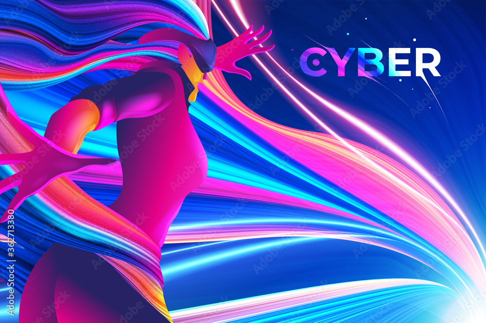 Cyber theme design or key visual in vector illustration vibrant colors ...