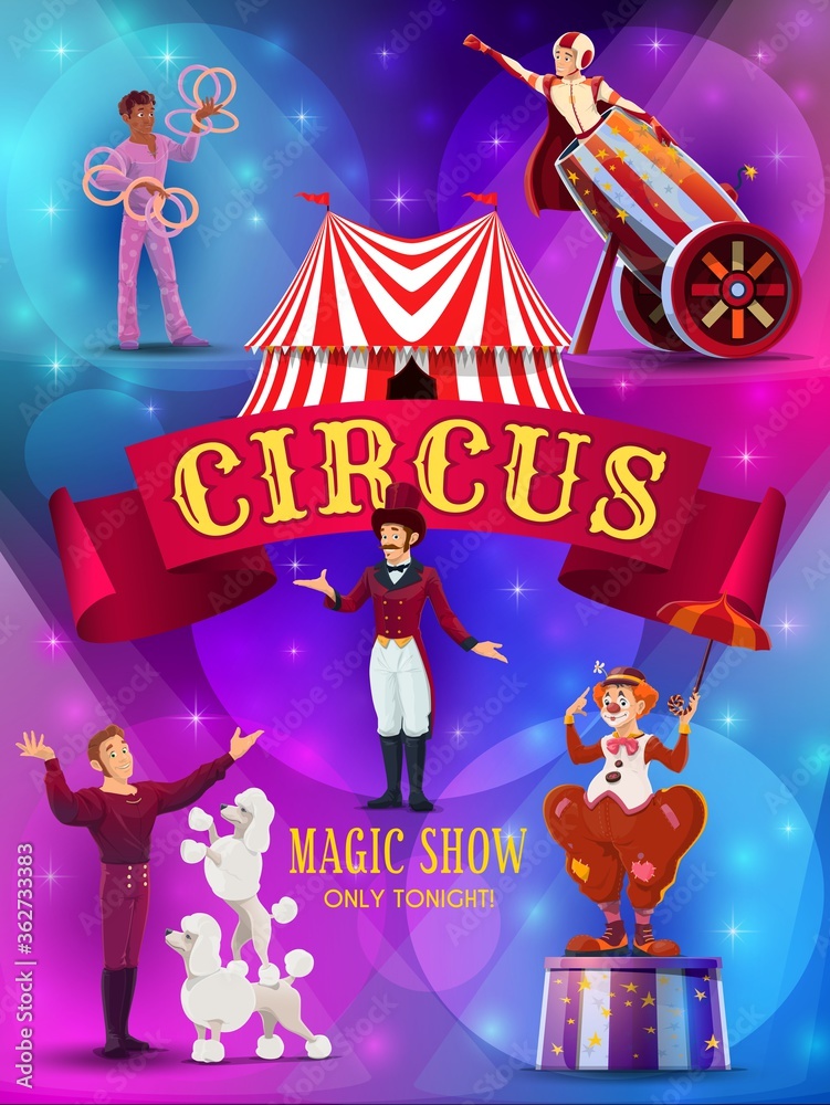 Big Top Circus show flyer or poster template. Tramp clown with umbrella ...