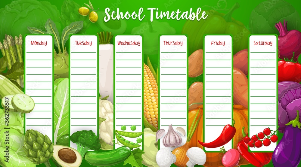 School timetable with farm vegetables. Cartoon vector week schedule ...