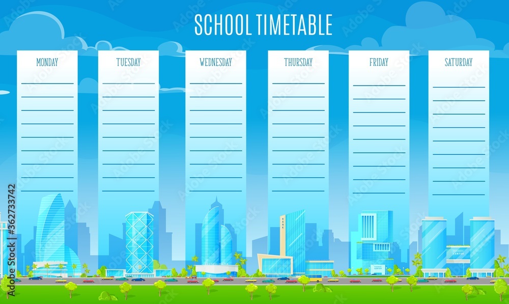 School timetable with metropolis vector background. Weekly planner ...