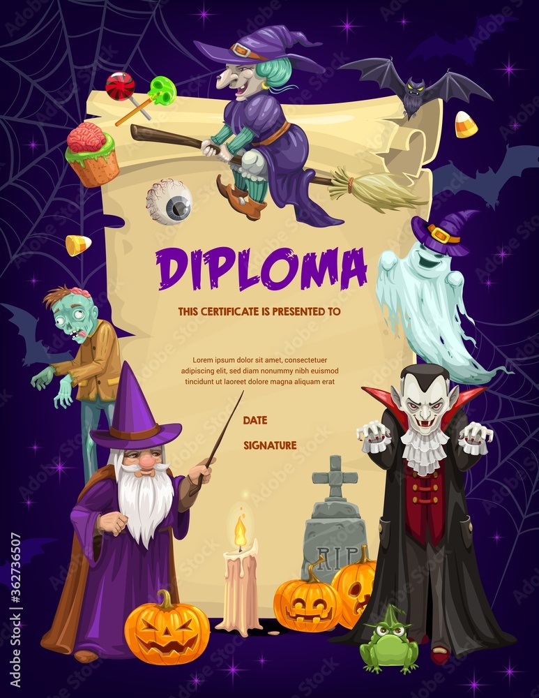 Kids diploma with Halloween vector characters. Witch on broom, zombie ...