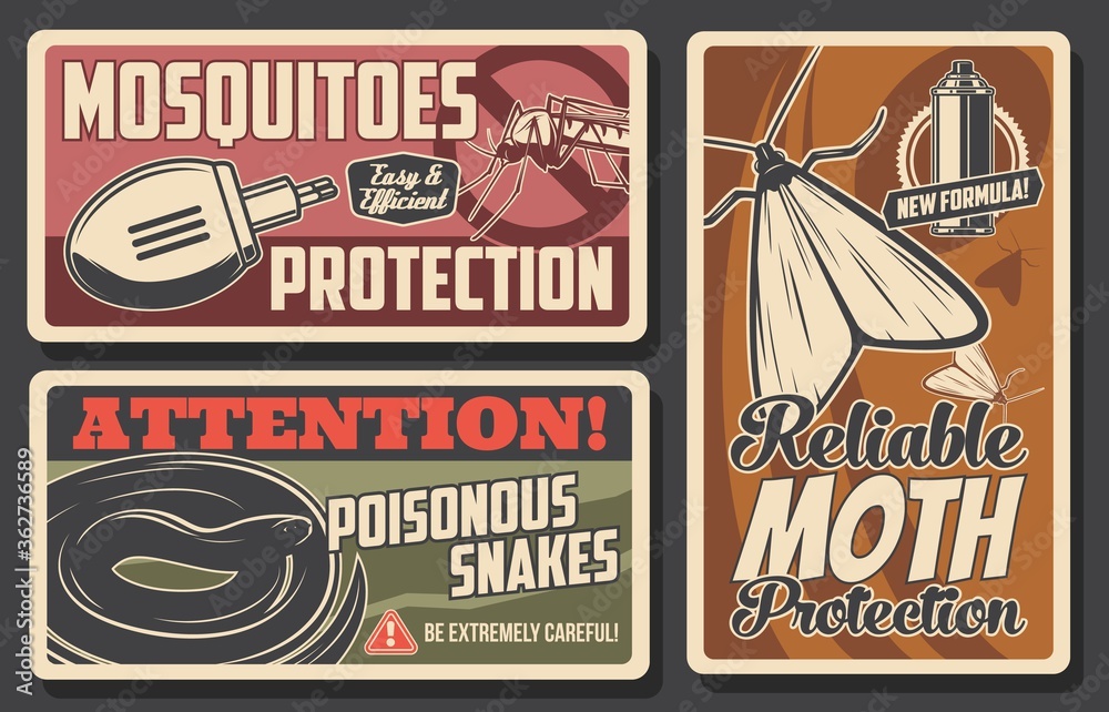 Mosquito and moth protection, snakes danger vector signs. Disinsection ...