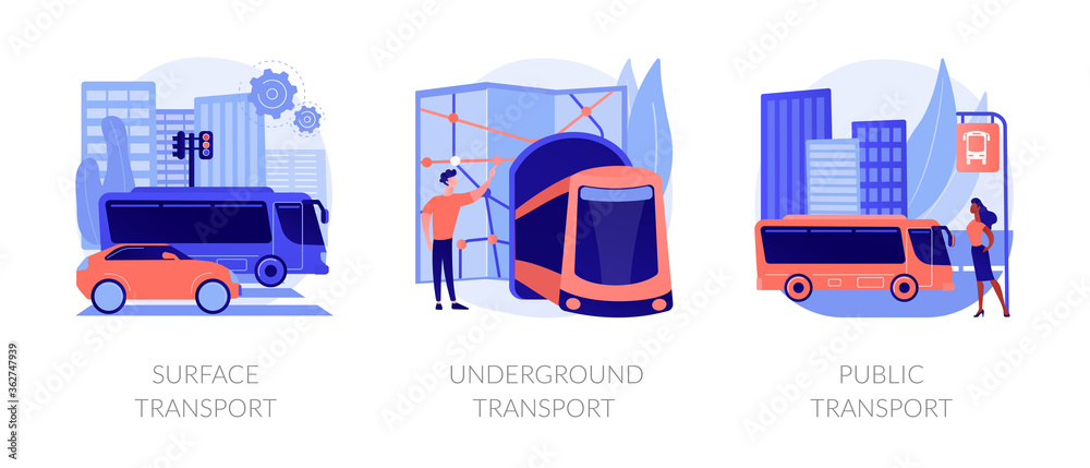 Urban passengers transportation icons set. City commute bus, subway ...
