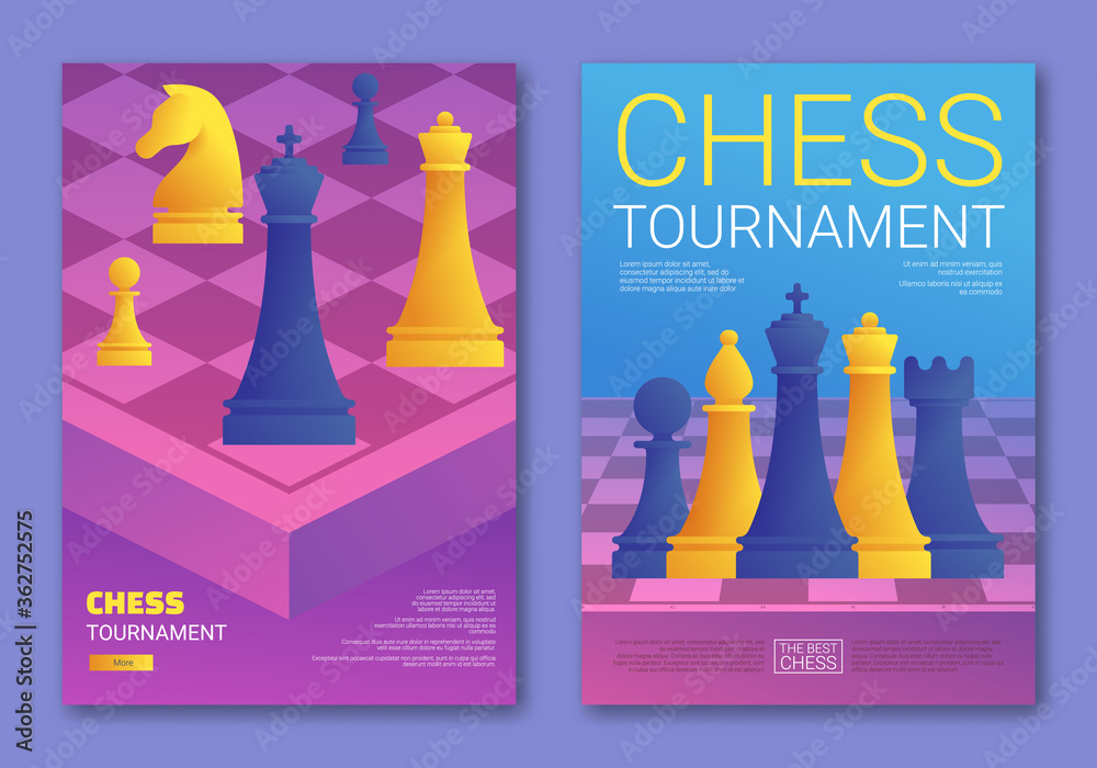 Chess tournament cartoon posters set. Purple chessboard with blue and ...