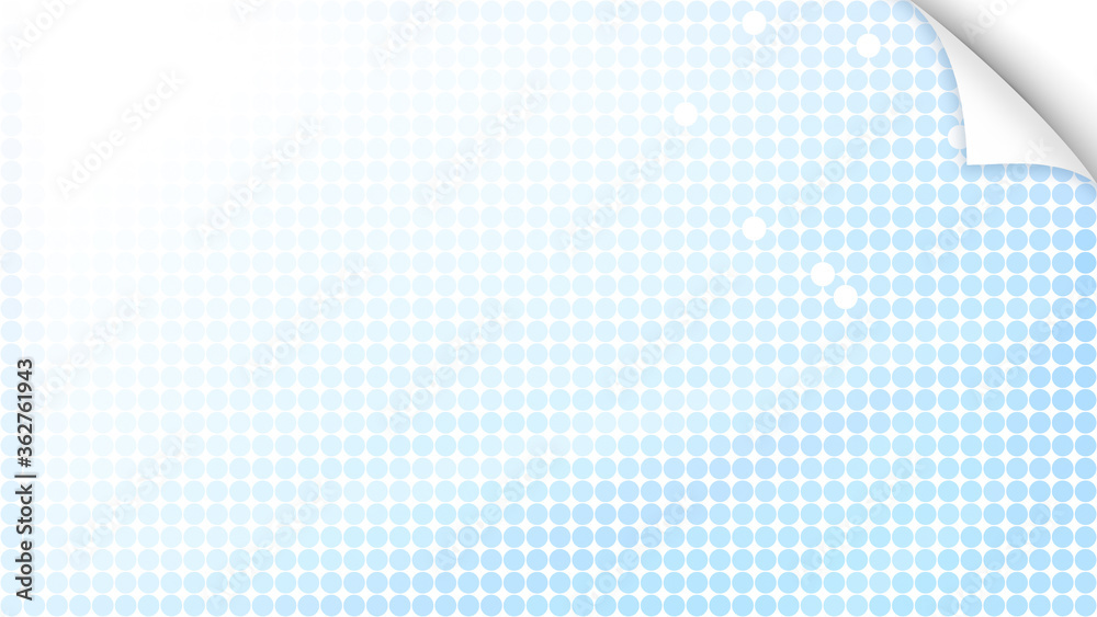 Round light blue dots on white background with curled corner of paper ...