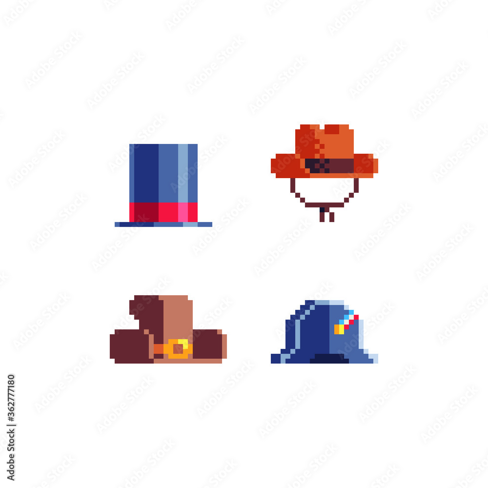 Vetor de Pixel art hats icon set. Women's and men's accessories ...