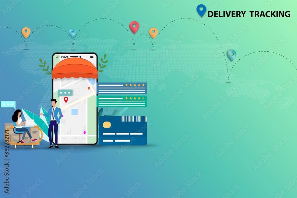 Concept of delivery tracking, businessman and woman are discussing to ...