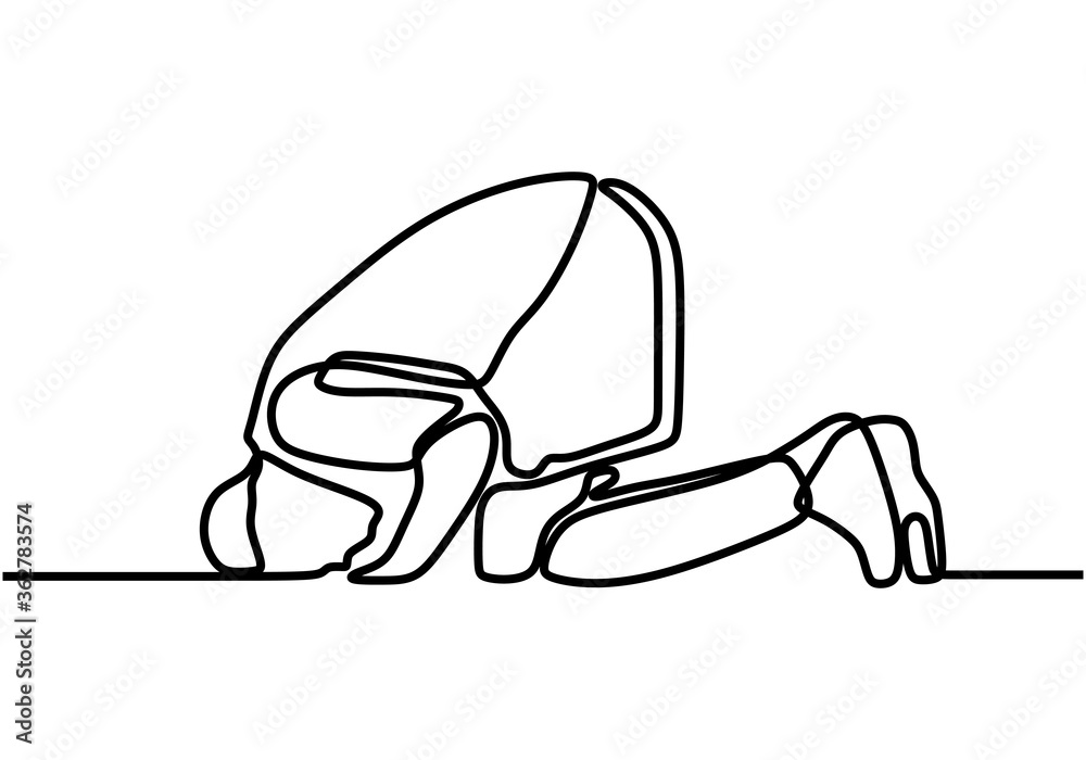 Continuous line drawing of islamic muslim man praying on sujud bow down ...