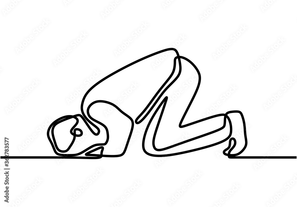 Continuous line drawing of islamic muslim man praying on sujud bow down ...