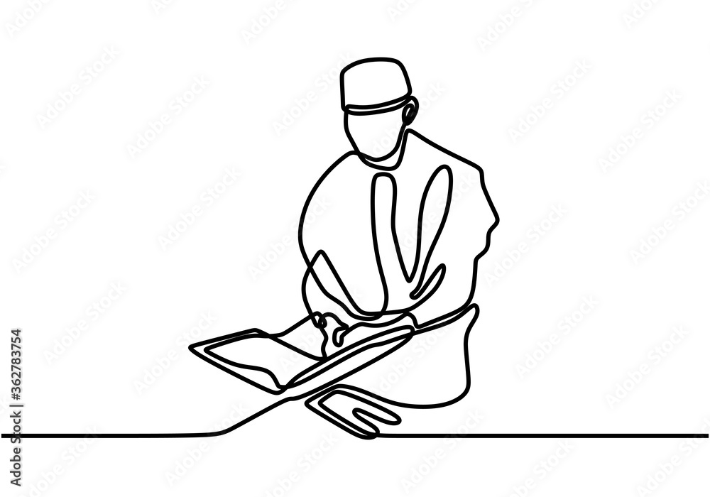 Vetor de Single continuous line drawing of young muslim person reading ...