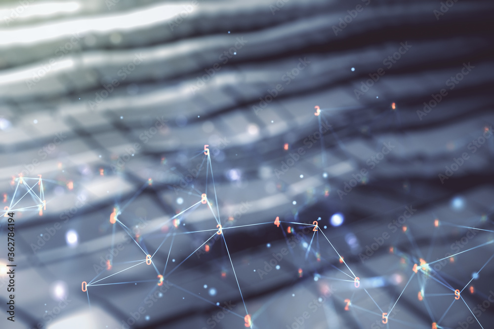 Abstract virtual wireless technology hologram on blurry abstract metal ...