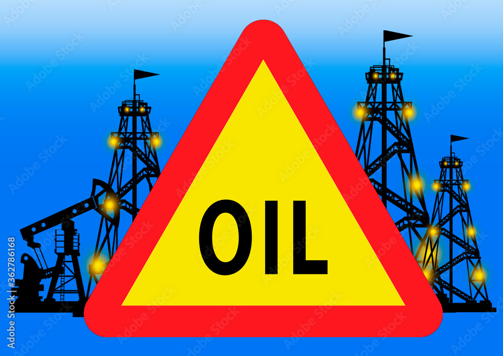 Road sign with inscription oil. Towers for drilling in field. Pumps in ...