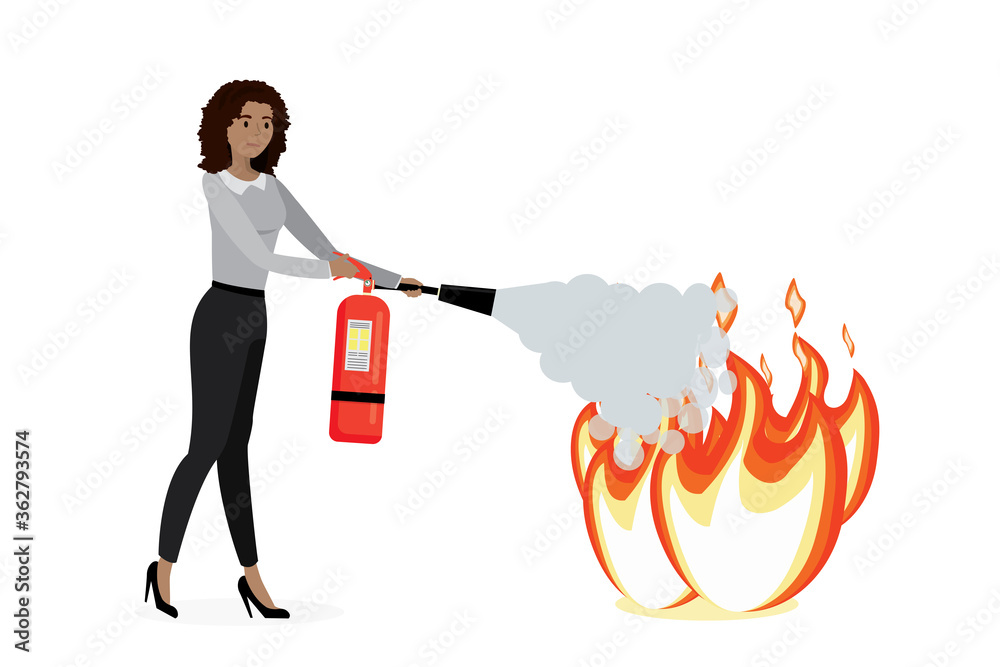 Woman office worker holds red fire extinguisher. Cartoon female ...
