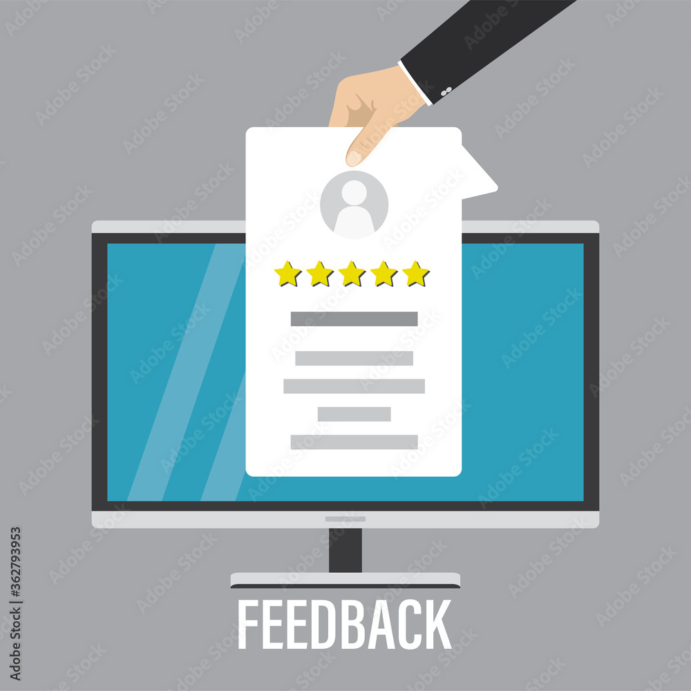 Online positive review. Feedback on monitor screen. Electronic customer ...