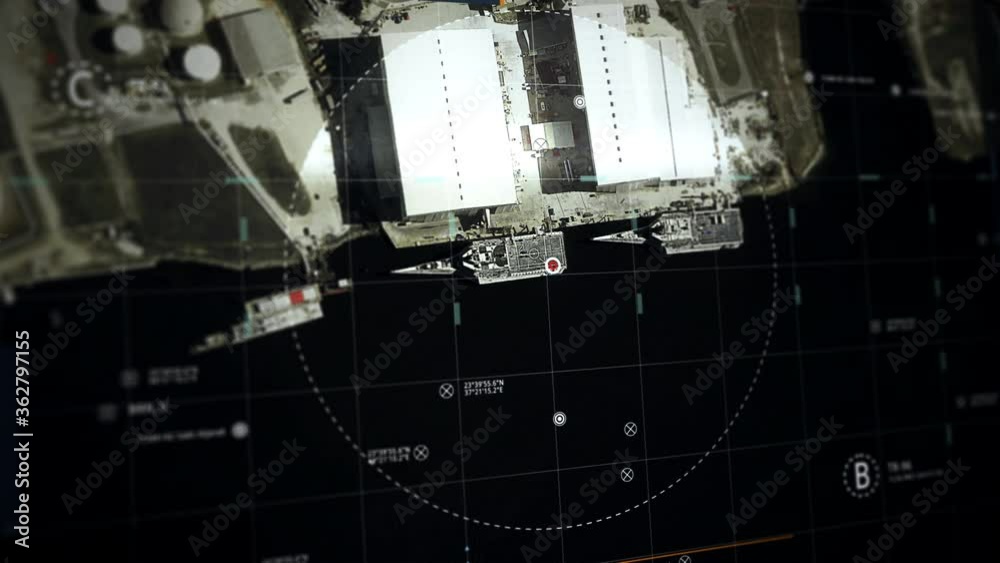 Satellite Camera View. Warship, Missile Cruiser, Modern spy Technology ...