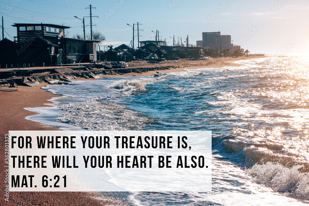 Bible quotes on sea shore landscape background. Card text sign for ...