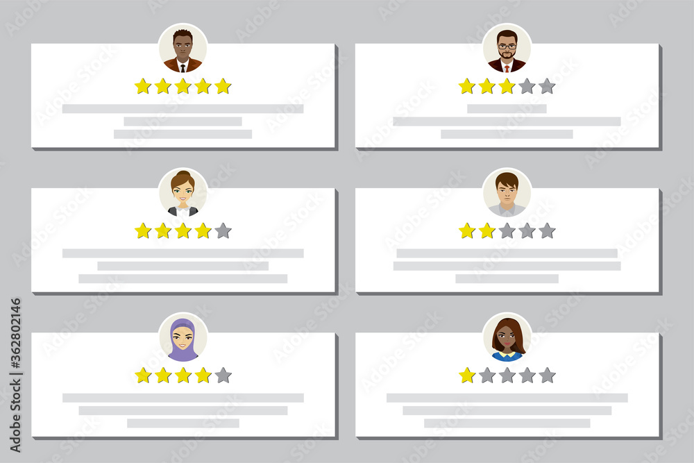 Set of positive, negative reviews. Messages with various people avatars ...