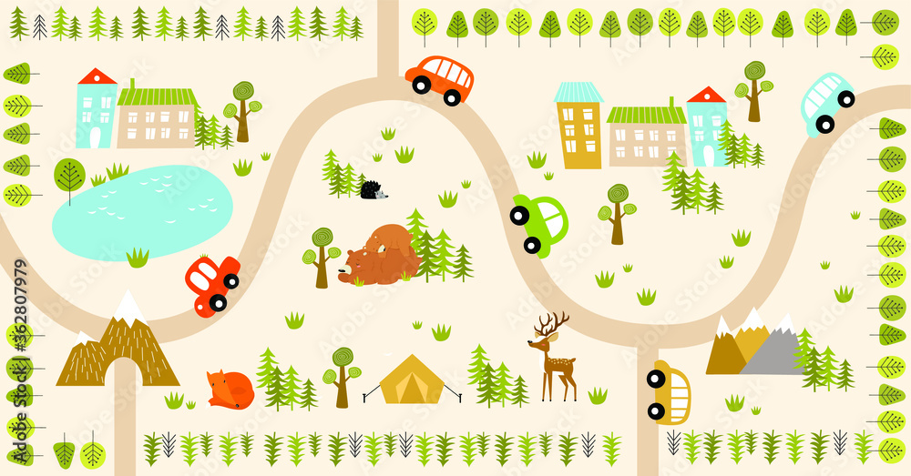 Vector forest maze with animals, road, houses. Cartoon Forest Animals ...