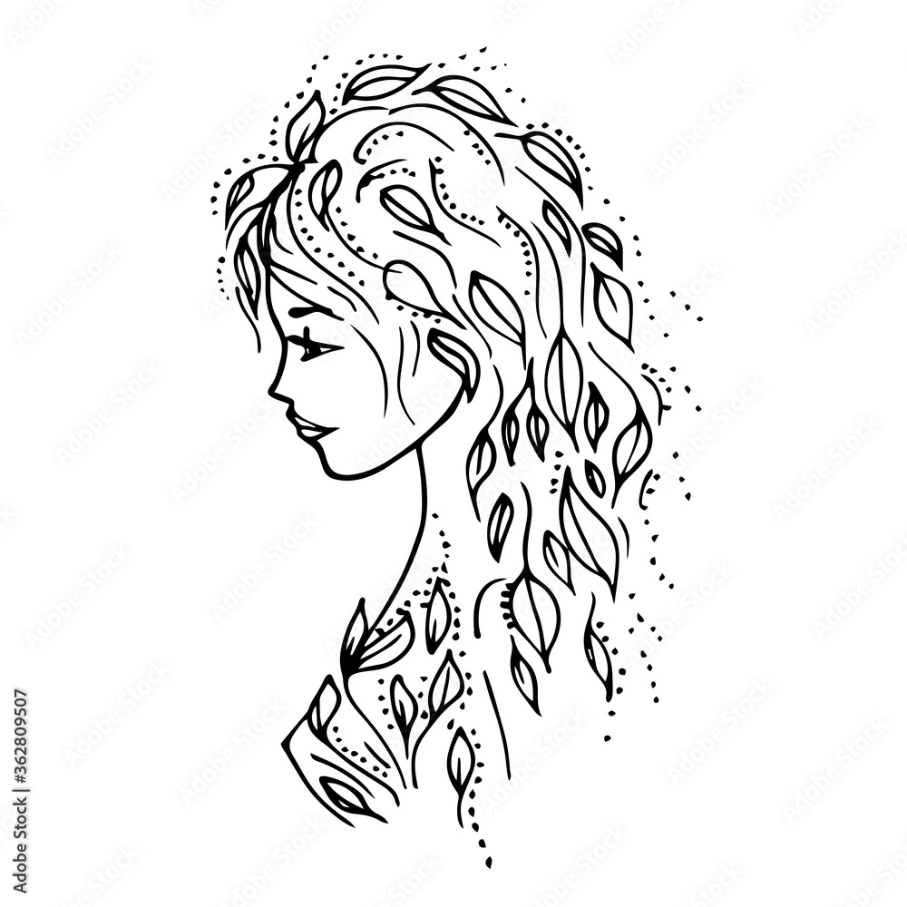 Mysterious profile girl with long hair with twigs and leaves. Forest ...