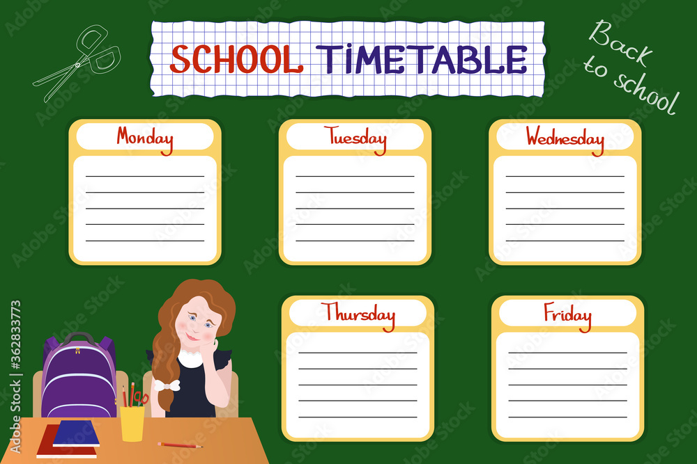 Vetor de School timetable on a chalkboard background. Template of the ...