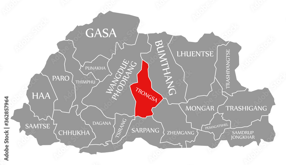 Trongsa red highlighted in map of Bhutan Stock Illustration | Adobe Stock