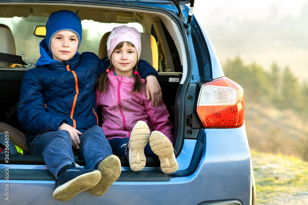 Two happy children boy and girl sitting together in a car trunk ...