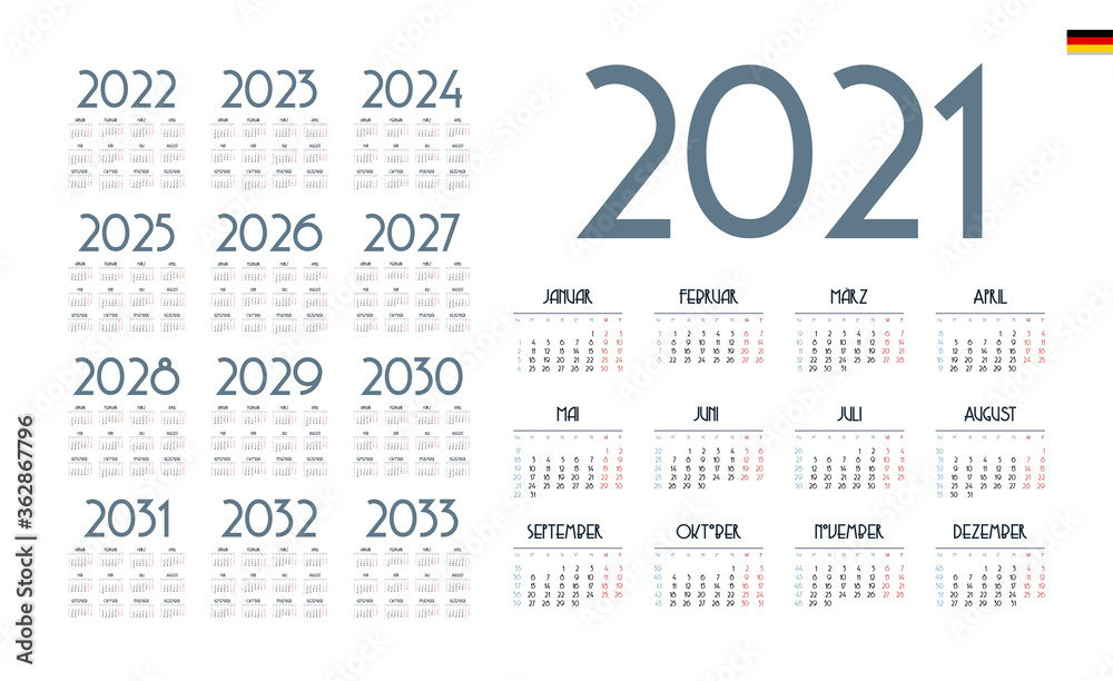 German Calendar for 2021-2033. Week starts on Monday Stock Vector ...