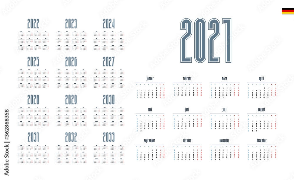 German Calendar for 2021-2033. Week starts on Monday Stock Vector ...