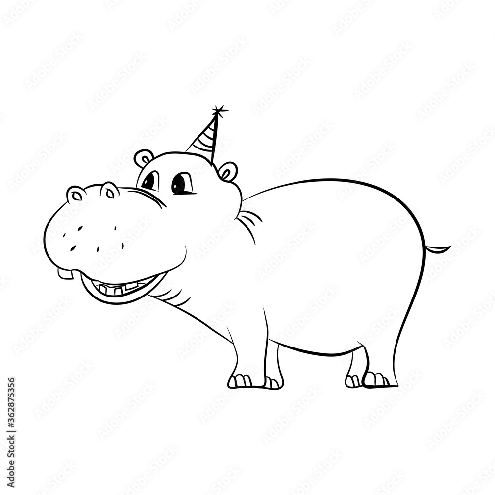 Cute little hippo drawing, line art illustration for coloring book ...