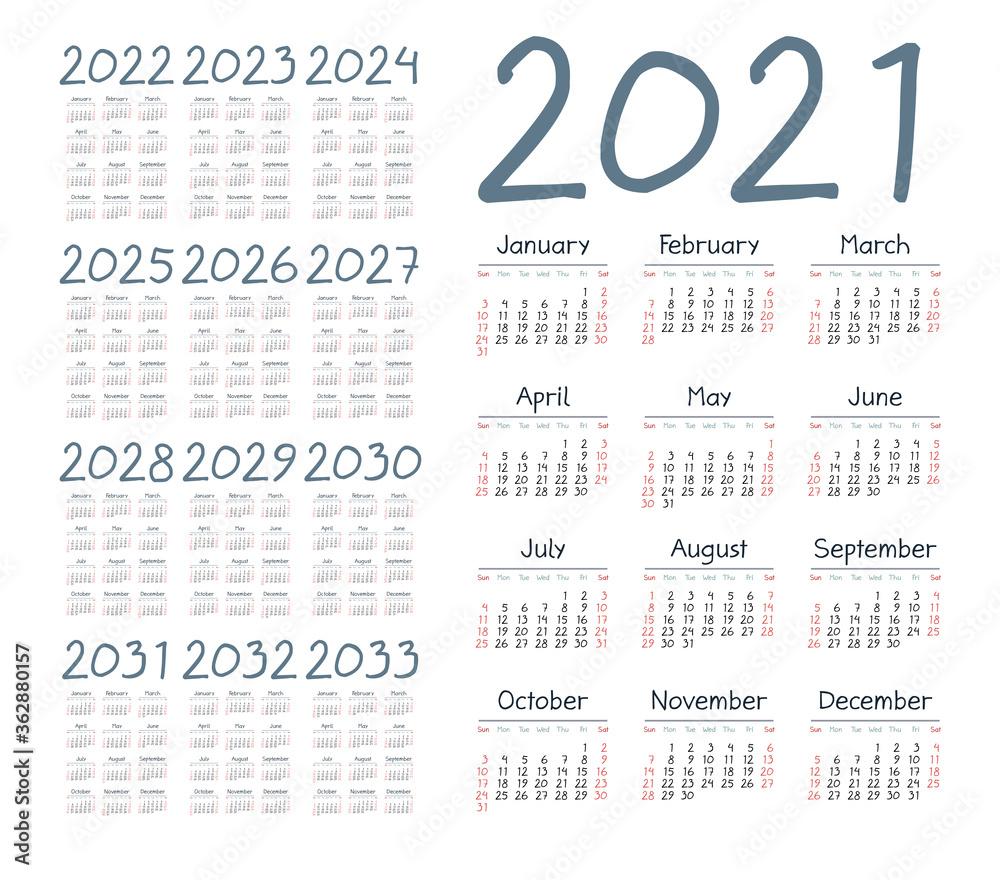 English calendar for years 2021-2033, week starts on Sunday Stock ...