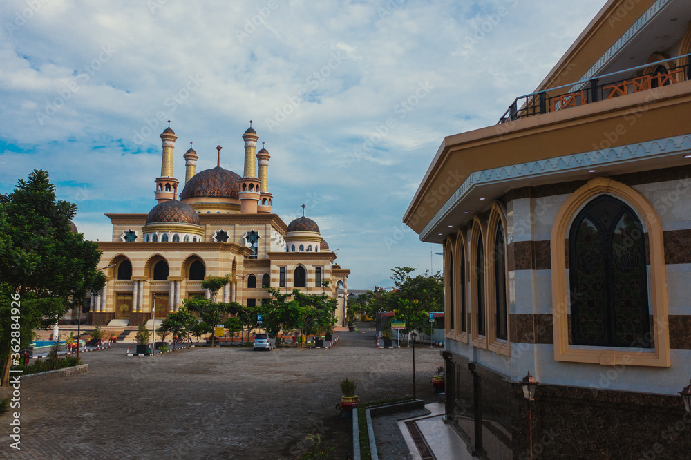 The splendor of the Al-Aqsa Mosque in the morning with the Mount Merapi ...