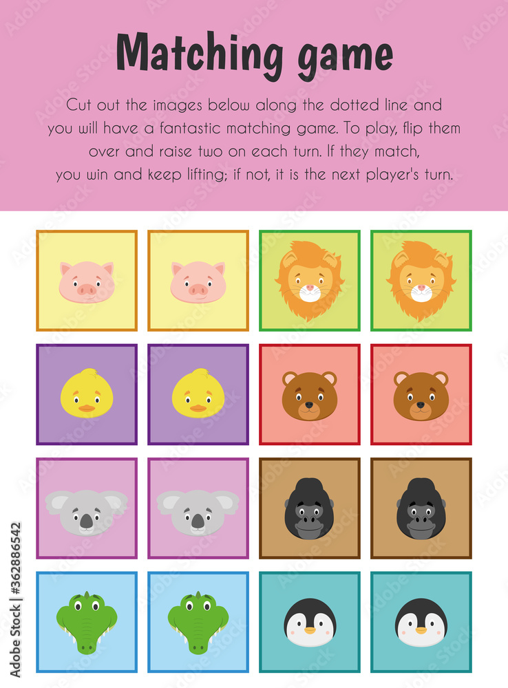 Matching game Educational Sheet. Primary module for Memory. 5-6 years ...