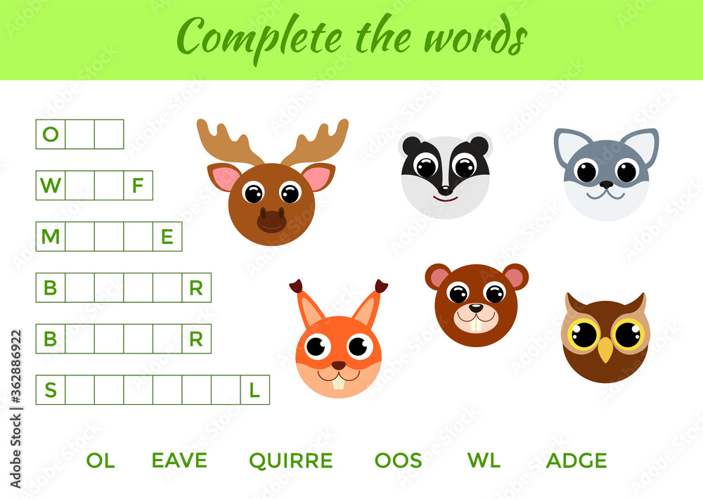 Matching educational game for children with cute animals. Write missing ...